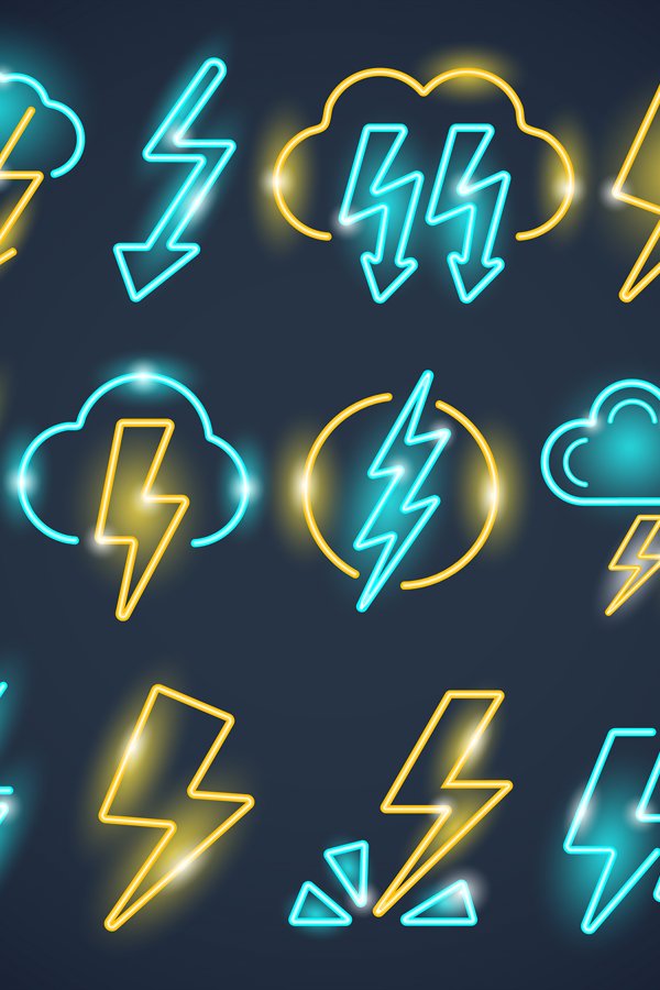 Neon lightning. Powerful thunder symbols glow lightning coll