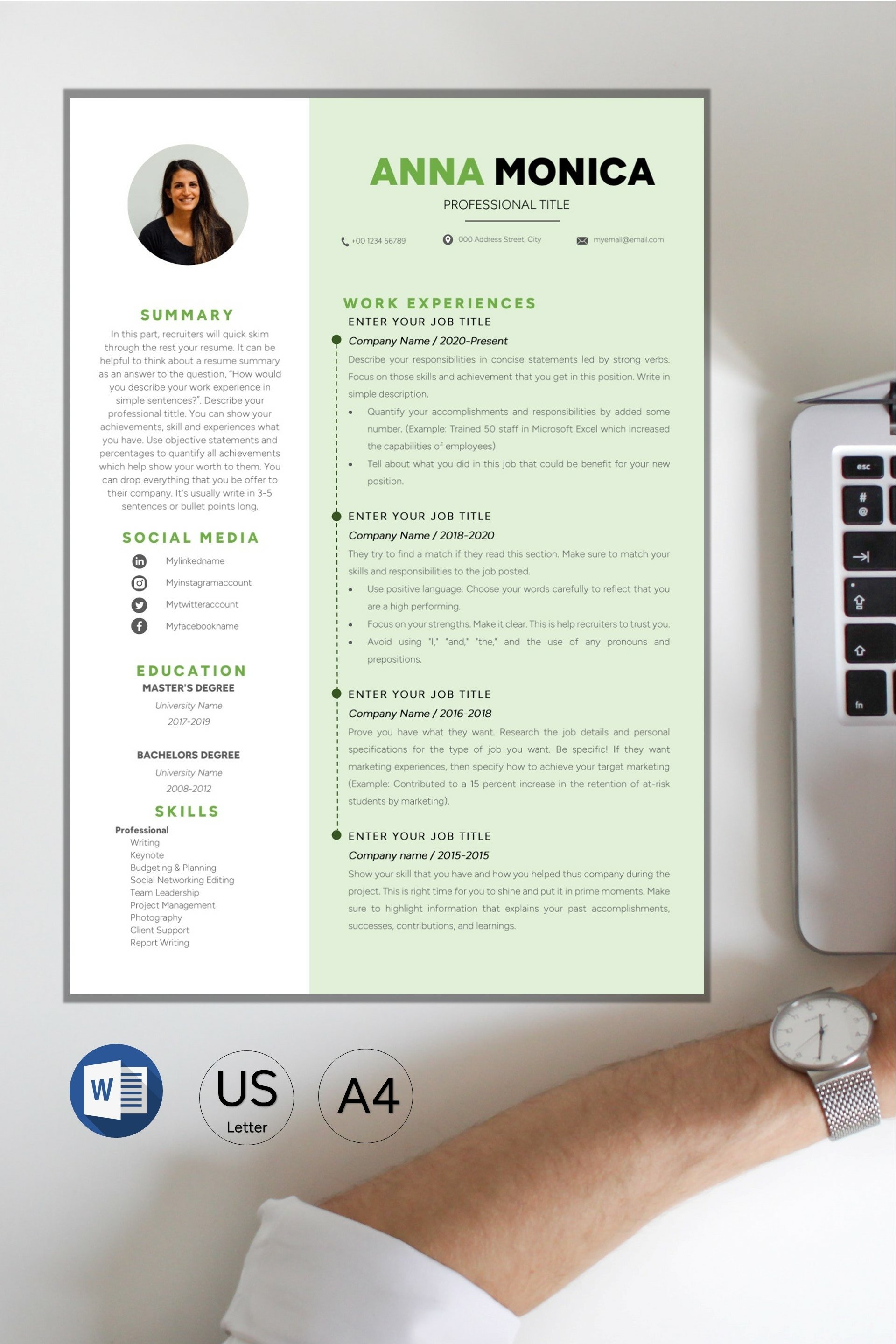 Green resume template word, cv template, professional resume