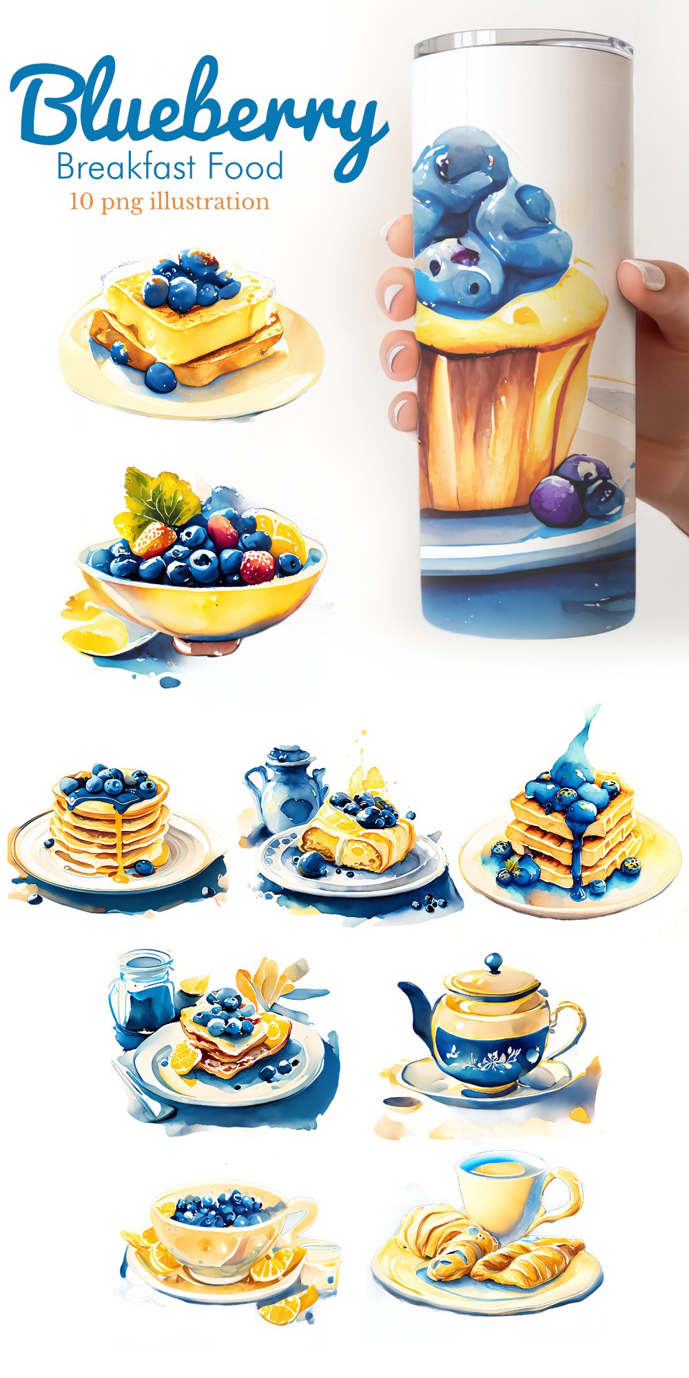 Blueberry Breakfast Food Watercolor Illustration set