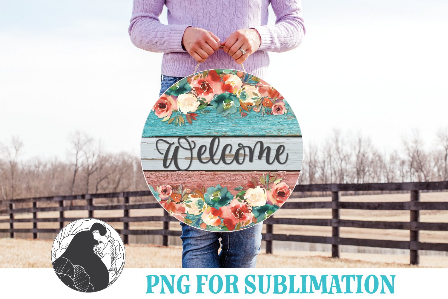 Round Floral and Wood Welcome PNG for Sublimation