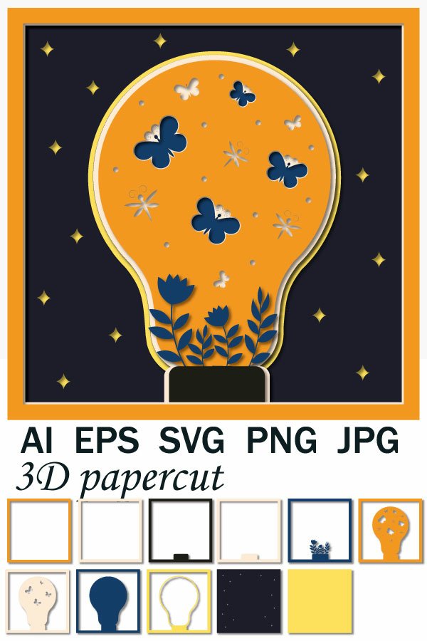 3D Paper Cut, A light bulb with butterflies