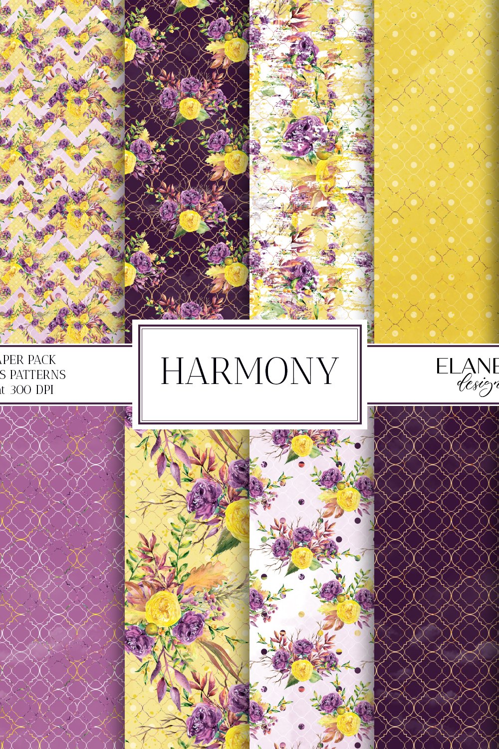 Purple Yellow Floral Digital Paper, Seamless Flowers Designs