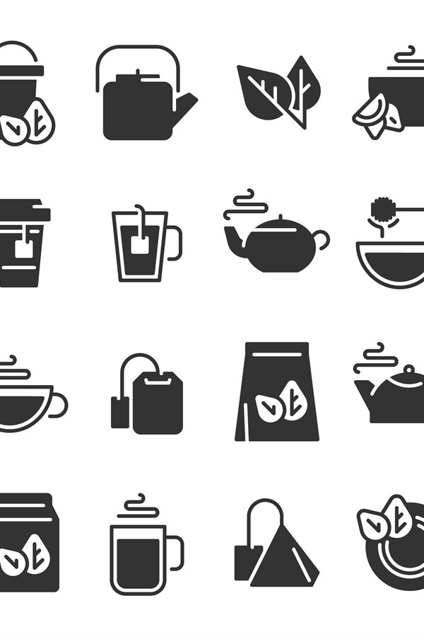 Black tea leaves icons. Hot drink cup, cold iced tea and tea