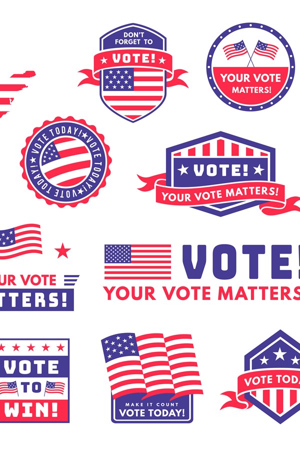 Usa voting labels. American presidential election badges and