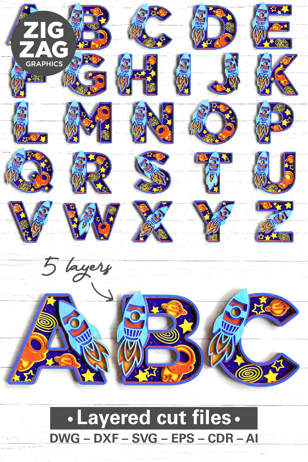 A-Z Space Layered Alphabet svg bundles cut file.