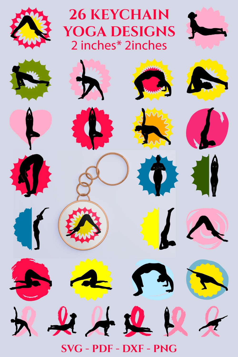 Keychain bundle. Keychain sublimation. Yoga poses silhouette