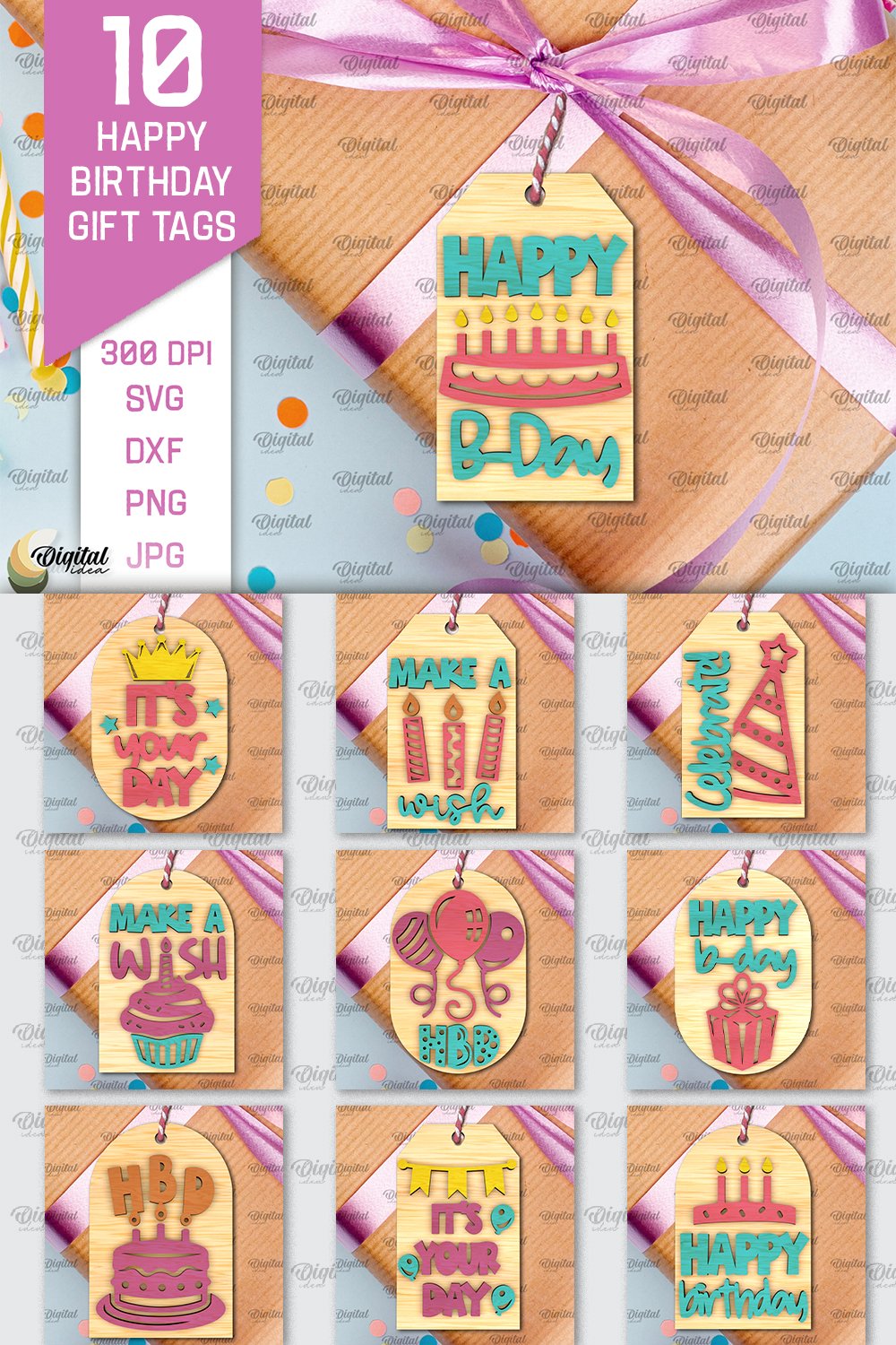 3D Happy Birthday Gift Tags Lasercut Bundle. Present tag SVG