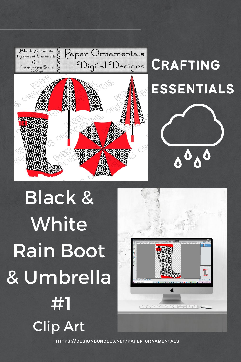 Clip Art, Black & White Rain Boot & Umbrella Clipart Set 1
