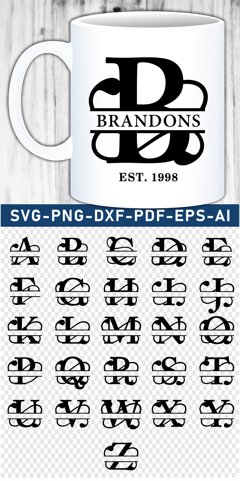 Ornate Monogram Split Alphabet Letters SVG, Monogram Fonts