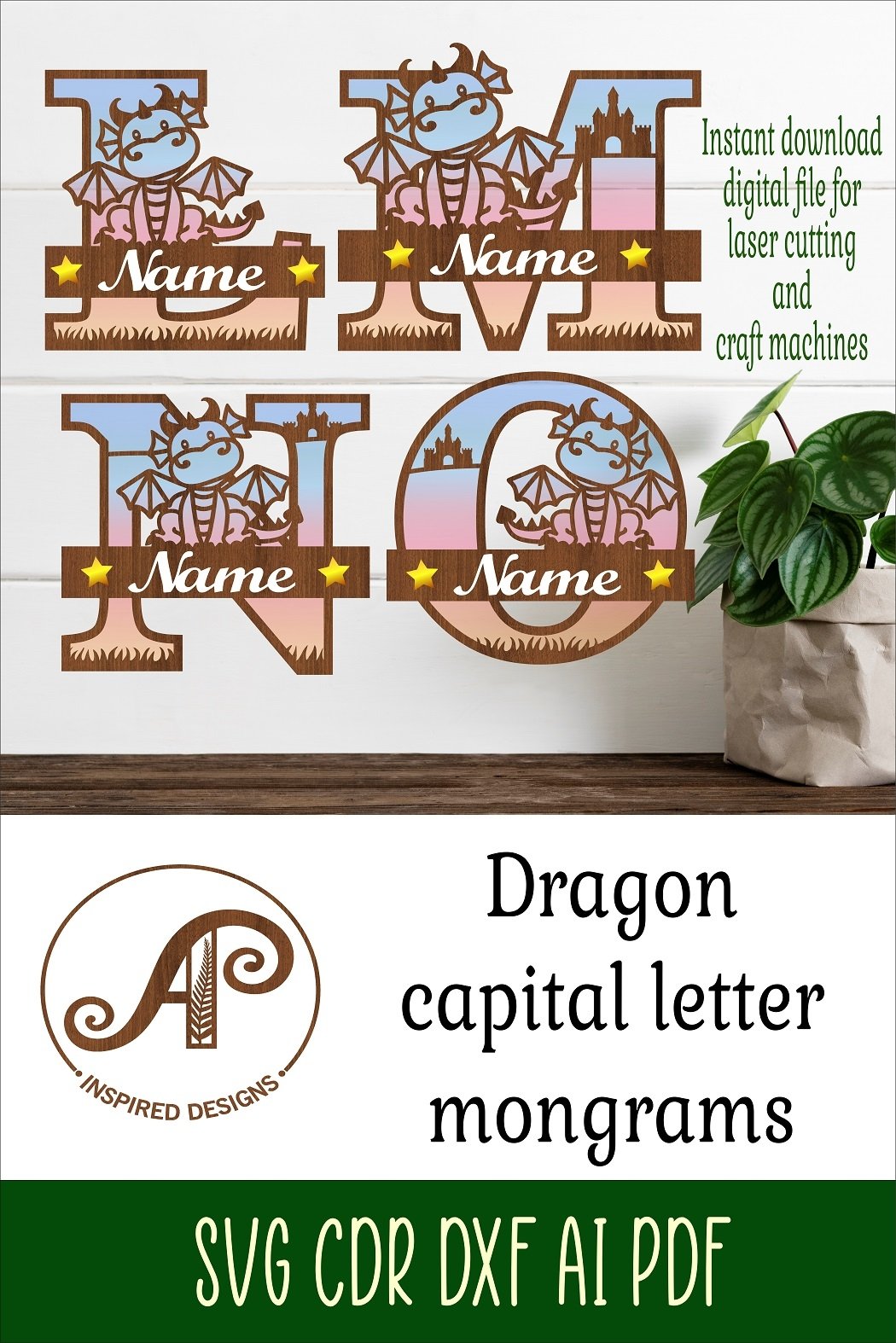 Dragon monogram letter bundle Name signs SVG 3 layer