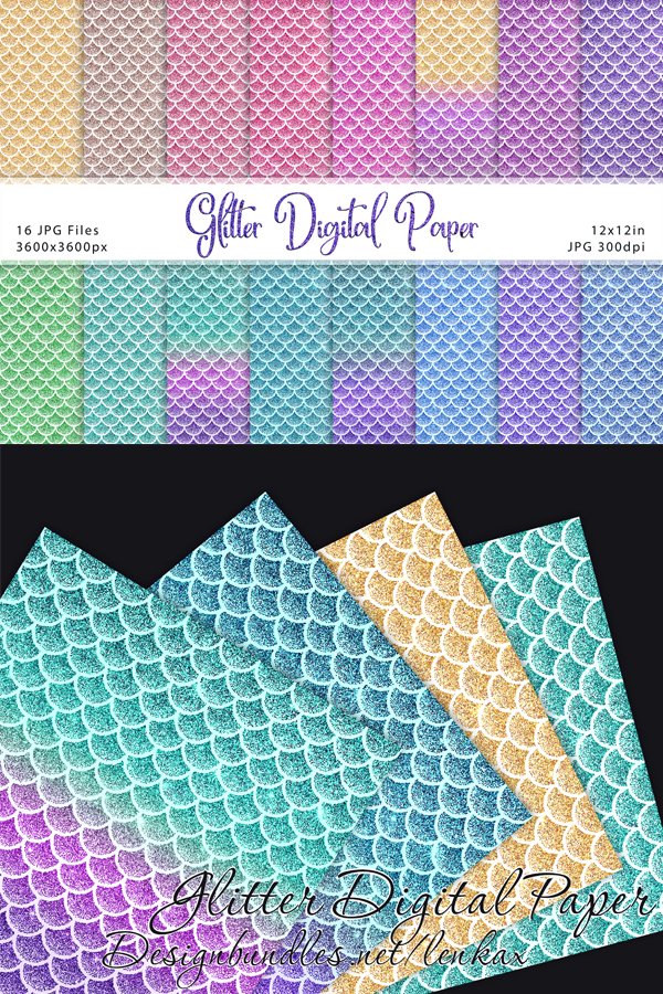 Mermaid Digital Paper. Glitter Digital paper