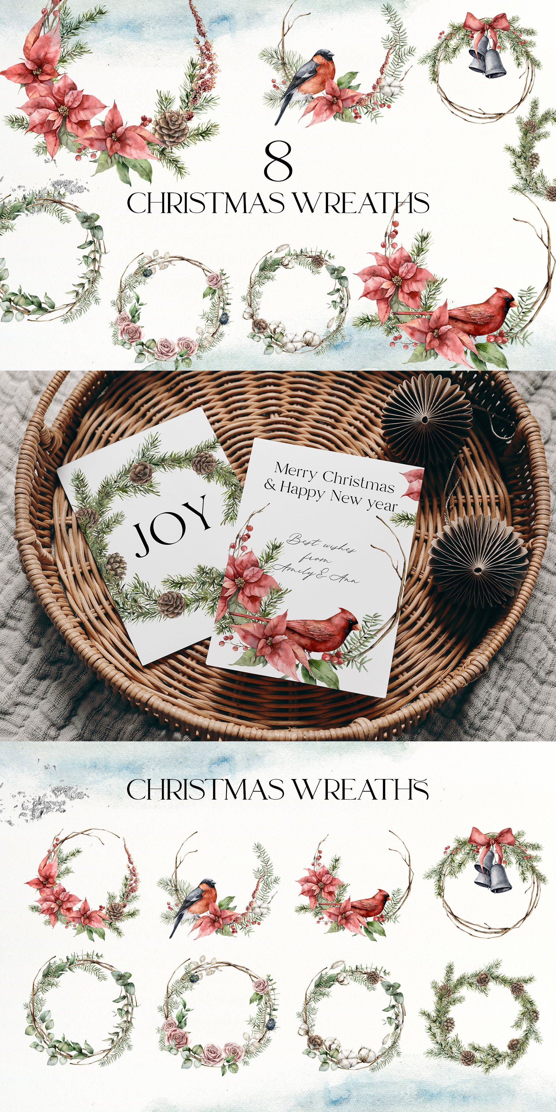 8 watercolor Christmas floral wreaths PNG illustrations