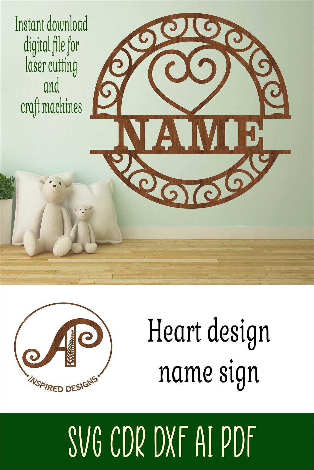 Swirl heart name sign svg laser cut template