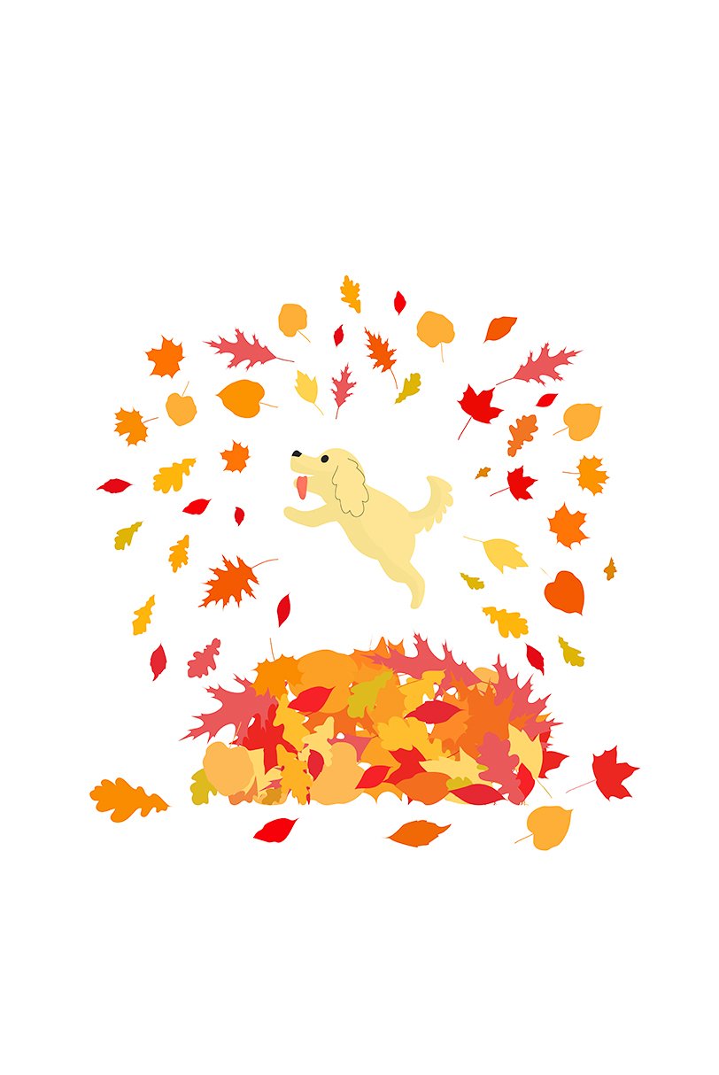 Dog jumps to autumn leaves heap illustration. JPG EPS