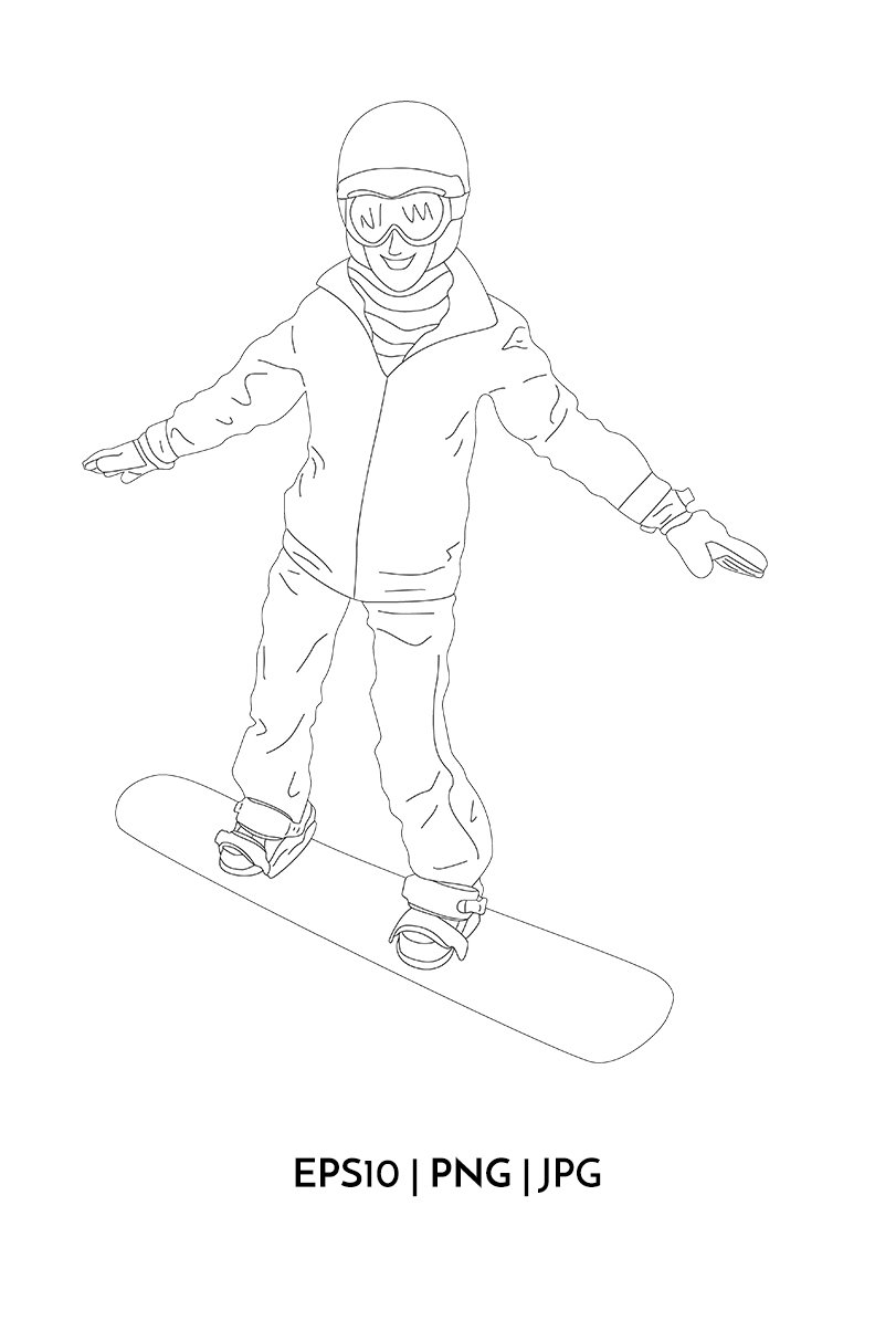 Monochrome Line Art Snowboarding Man Vector Illustration