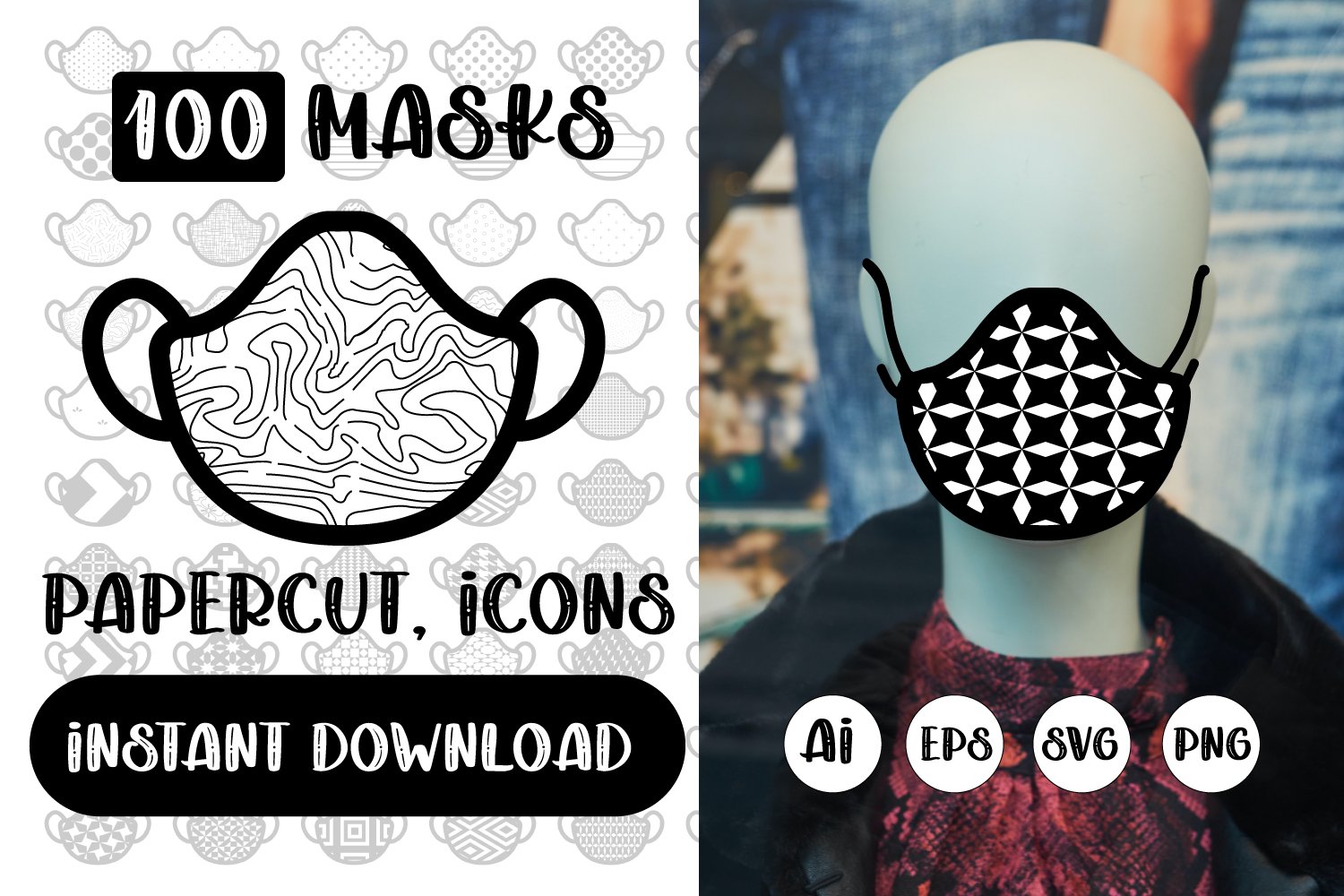100 Face Mask Paper Cut Icons Designs, Printable SVG