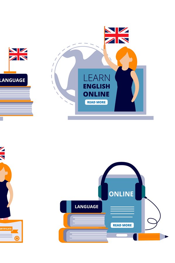 Language courses. Vector characters study different language