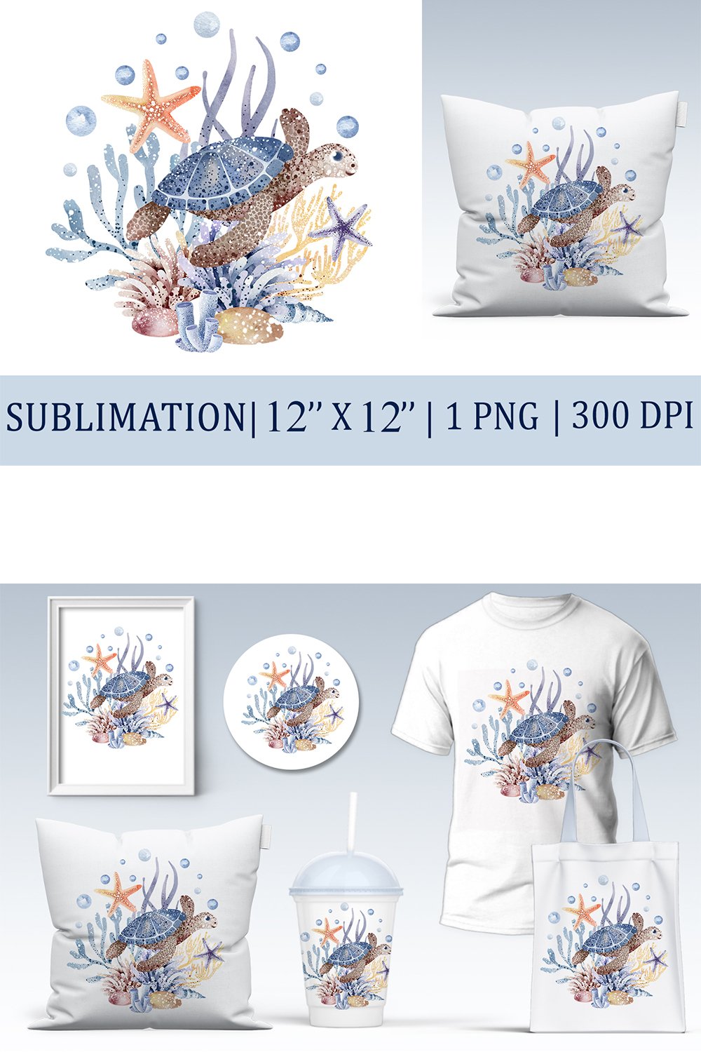 Underwater Watercolor Sea Turtle Sublimation Design