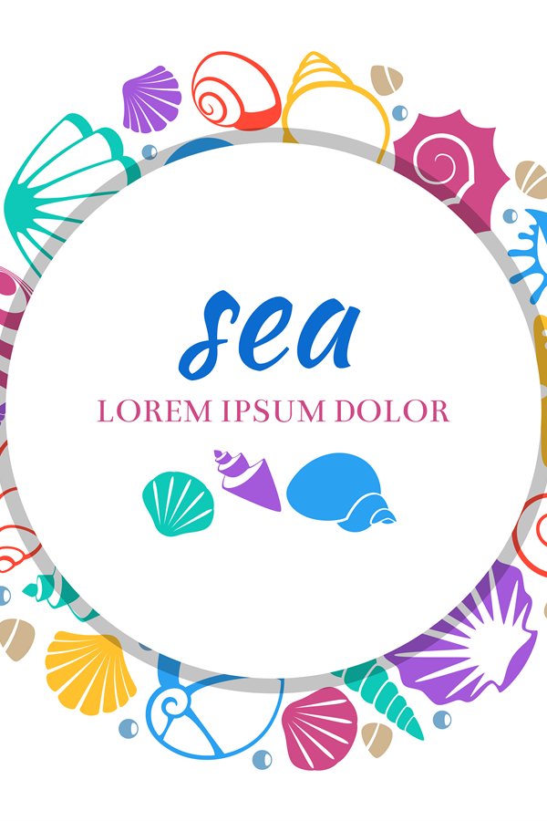 Sea round banner design - colorful seashells concept