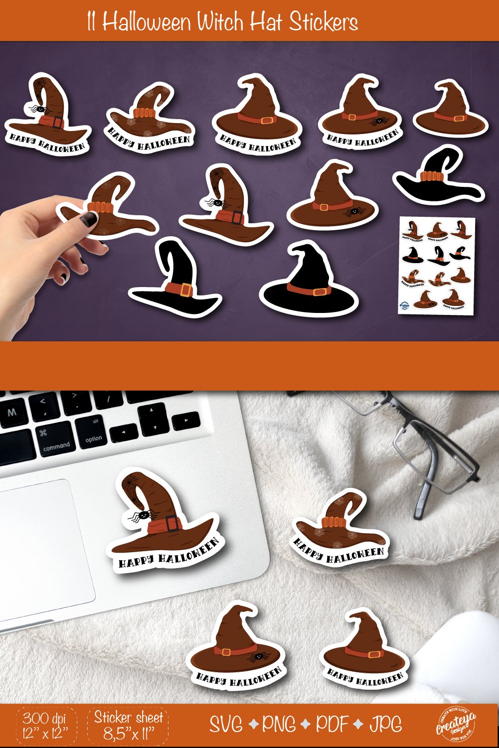 Halloween stickers. Sticker Pack svg. Witch hat stickers svg