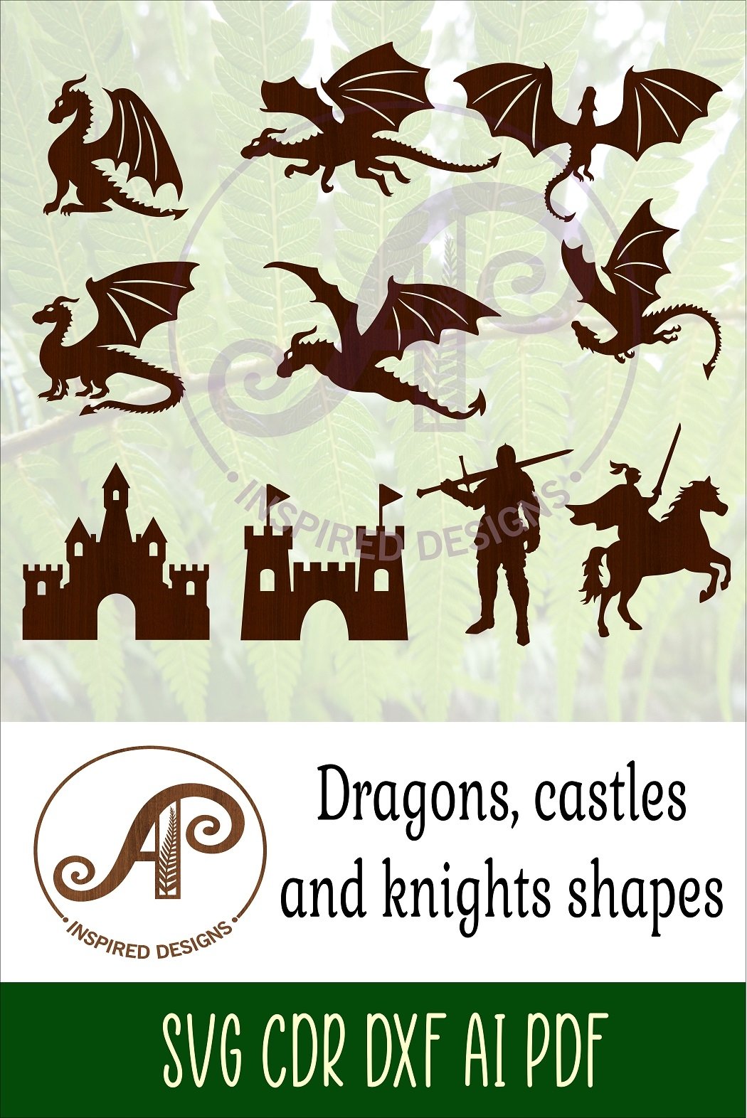 Dragon castle and knight Silhouette laser cut shapes x 10SVG