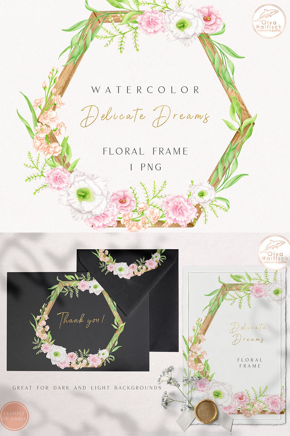 Watercolor FLoral Frame with Blush and White Flowers