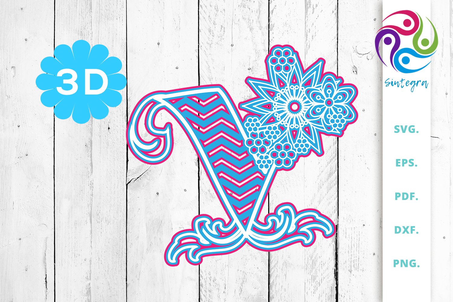 3D Multilayer Floral Chevron Letter V , SVG Cut File