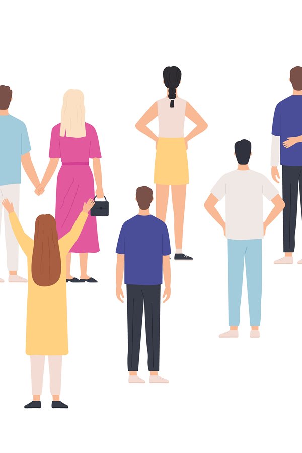 Crowd standing back view. Group of people from behind. Men a