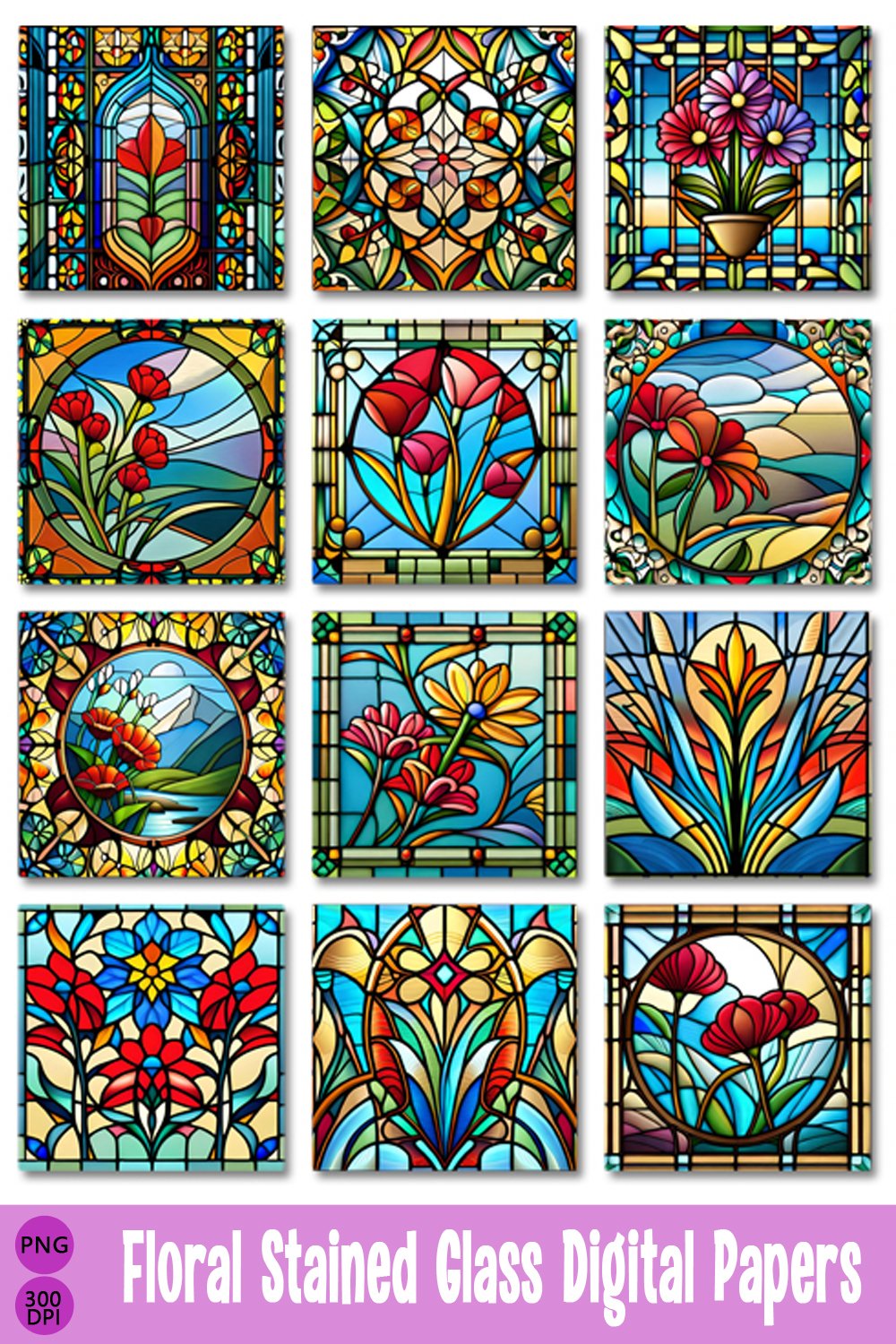 Floral Stained Glass Seamless Digital Papers Backgrounds