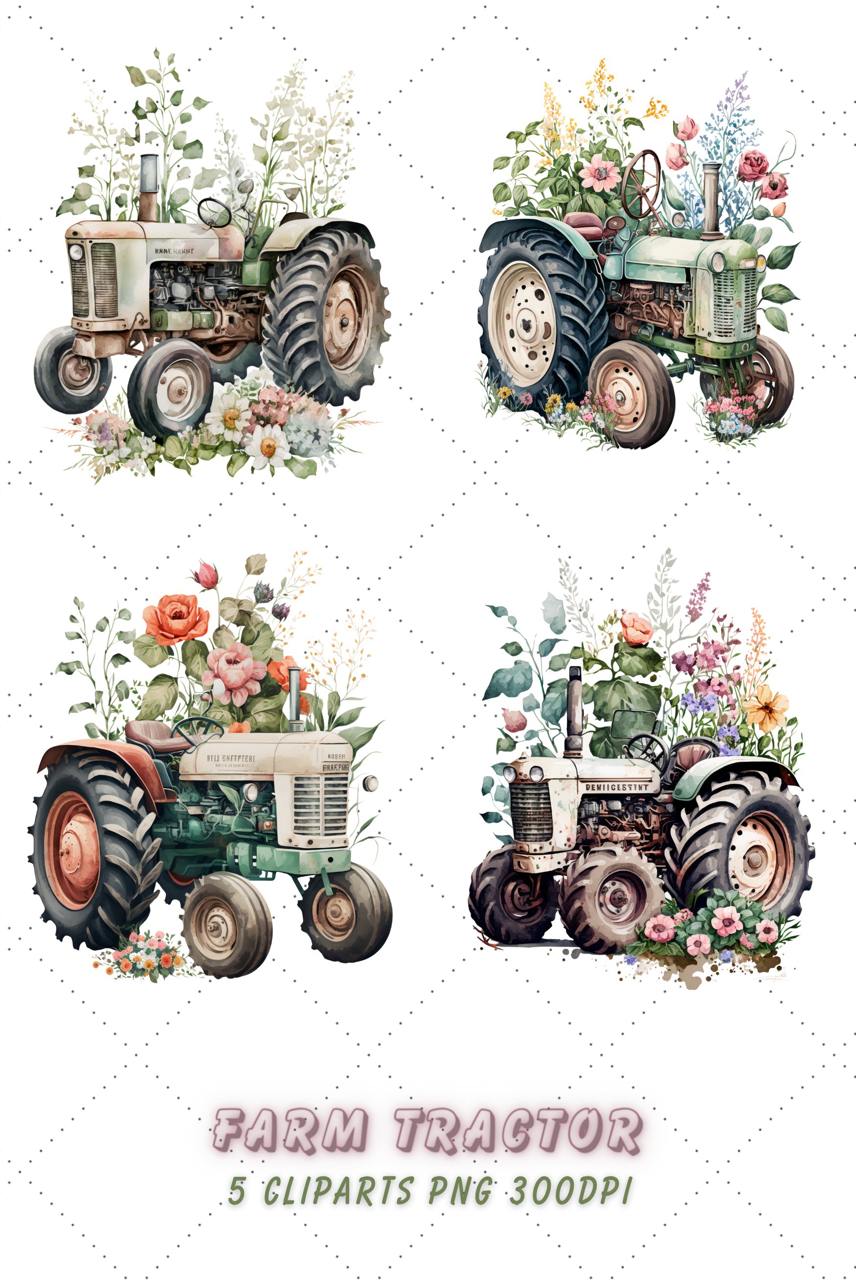 Cute Vintage Farm Tractor Floral Watercolor Clipart Bundle