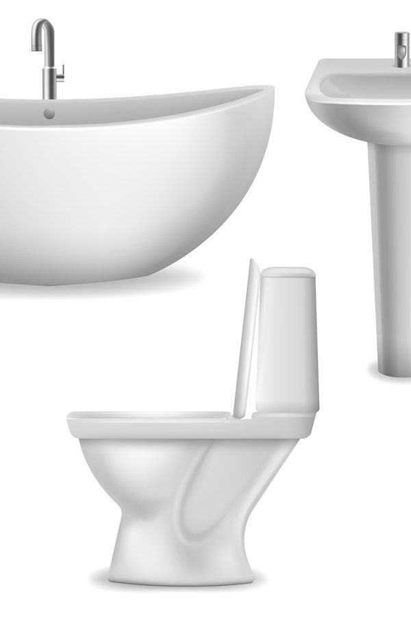 Bathroom realistic objects. White bathtub, toilet seat and w