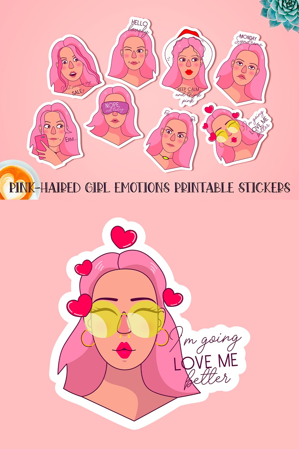 Pink haired girl emotions printable stickers. PNG, JPG.