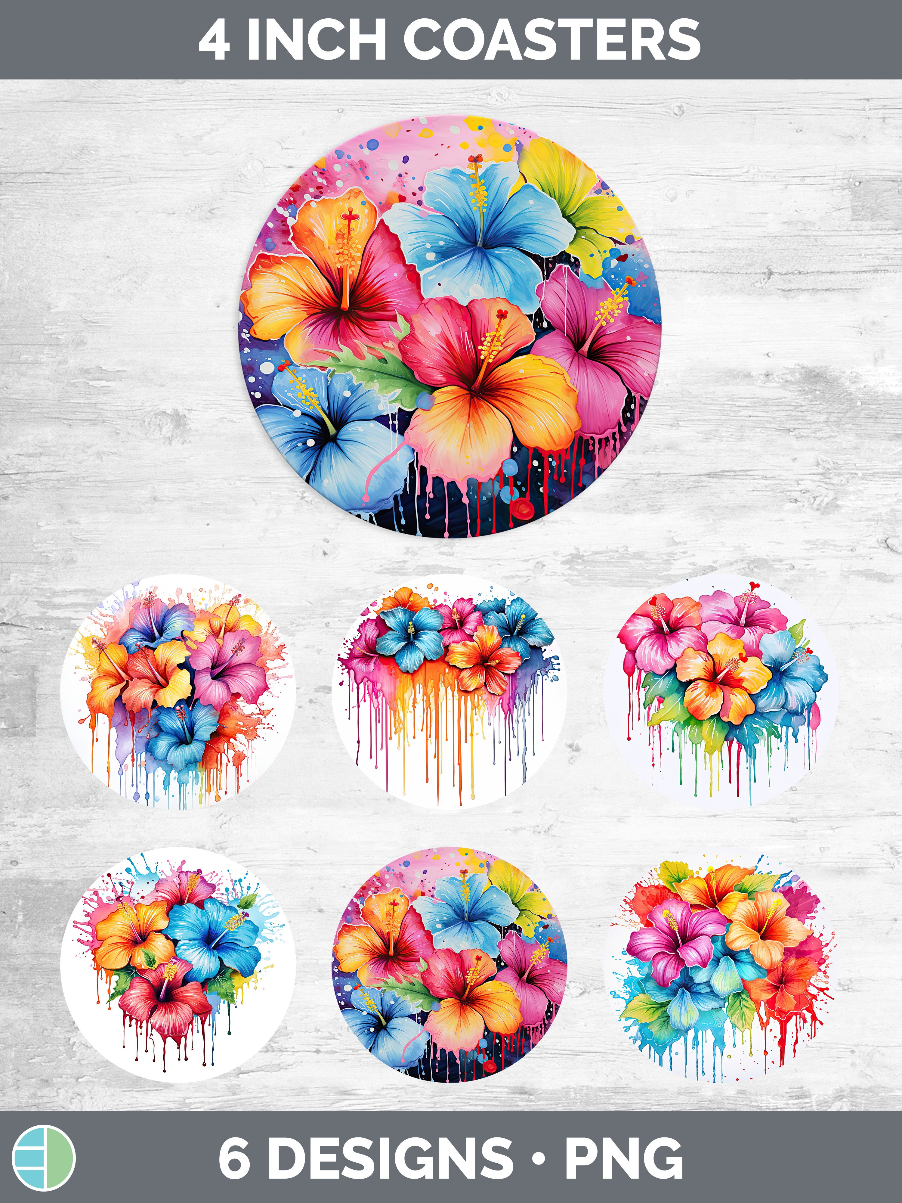 Splat Rainbow Hibiscus Flowers Round Coaster | Bundle Coaste