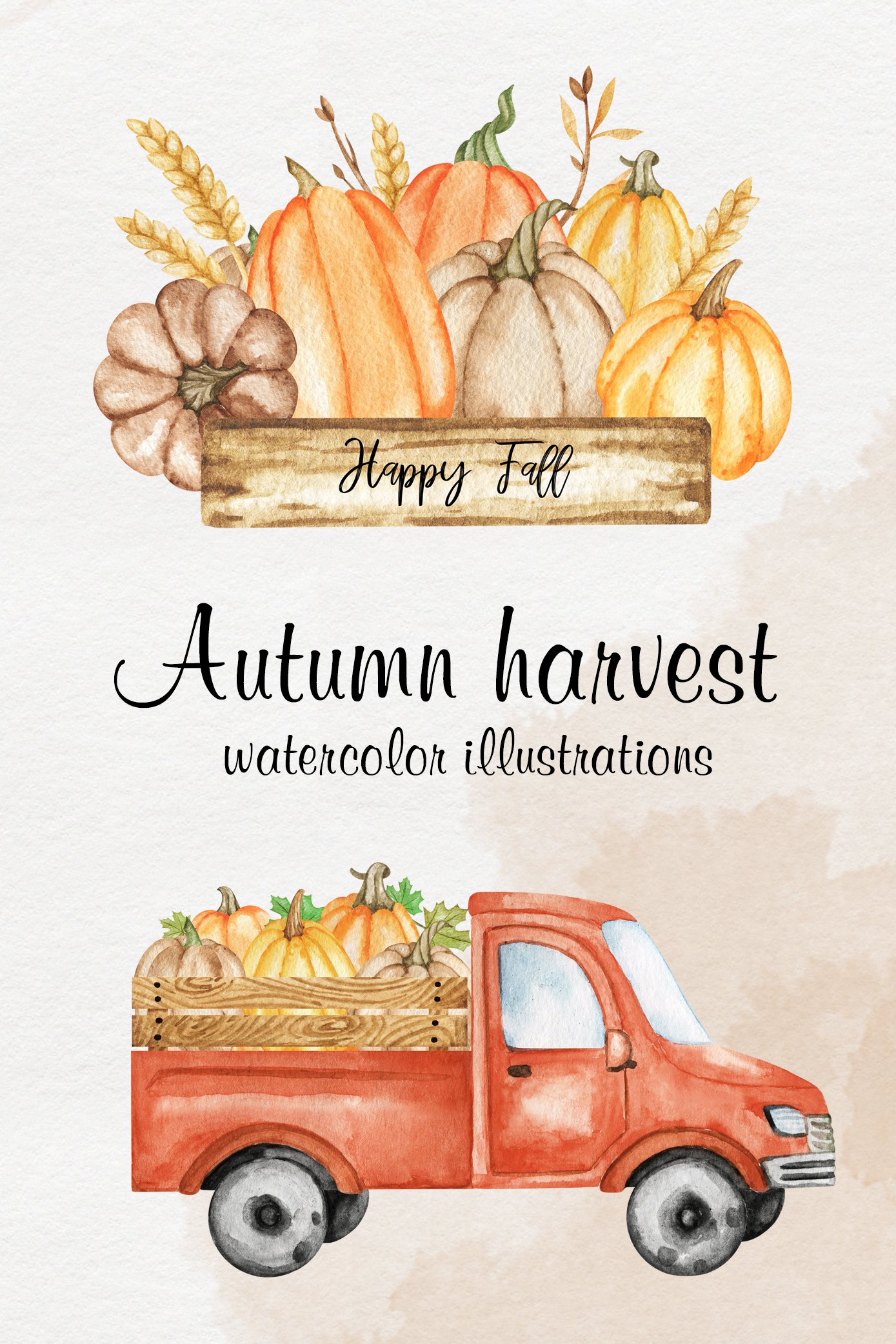 Red car with harvest, fall pumpkins clipart watercolor