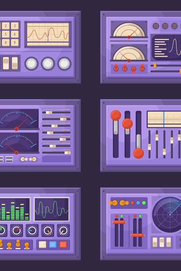 Retro control panels, spacecraft dashboard with dials, tuner