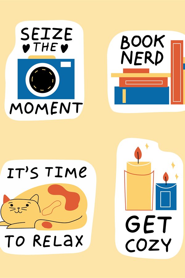 Cozy stickers. Comfort home labels, cute motivational quotes