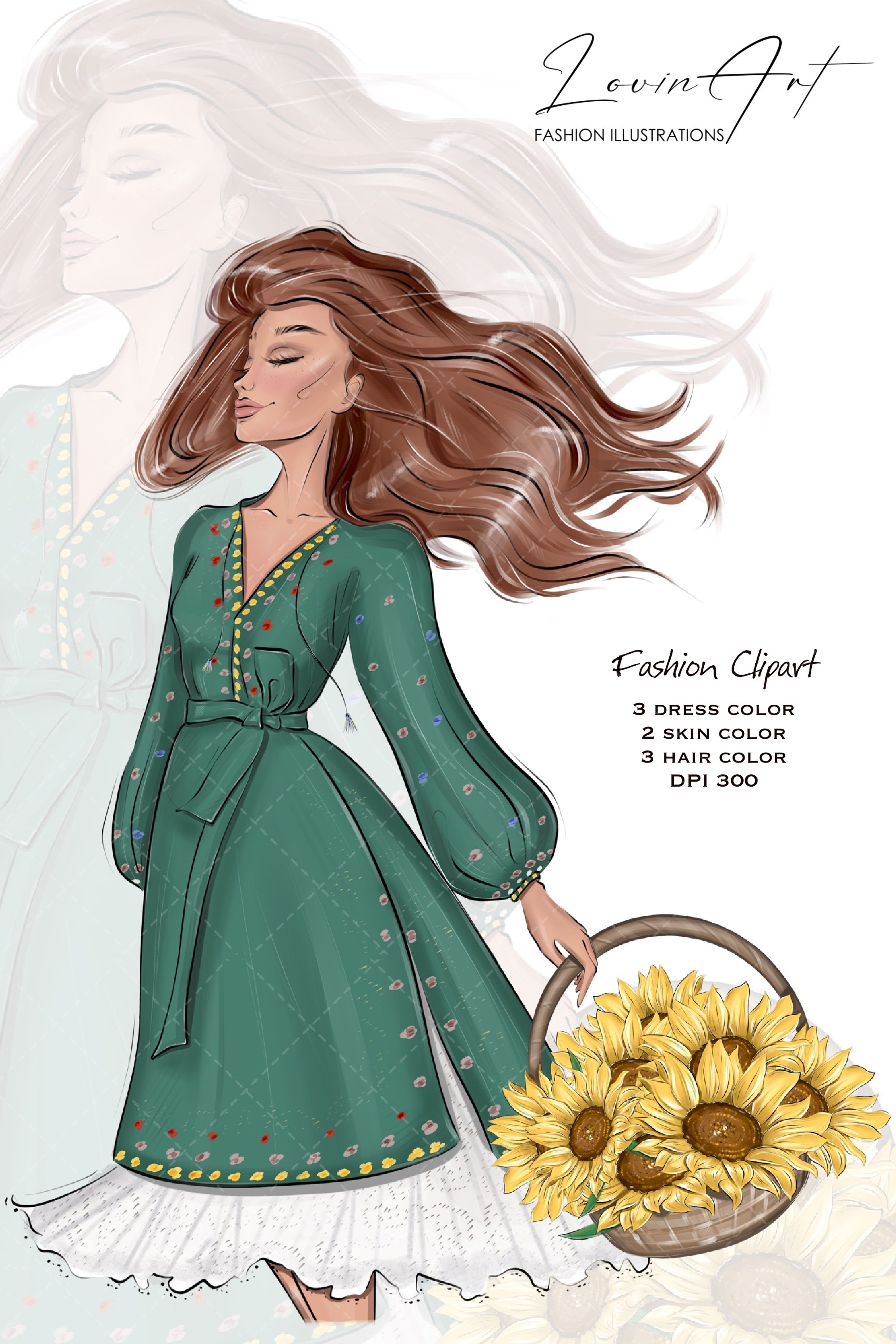 Fashion Girl with Sunflowers, Spring Clipart, Black girl png