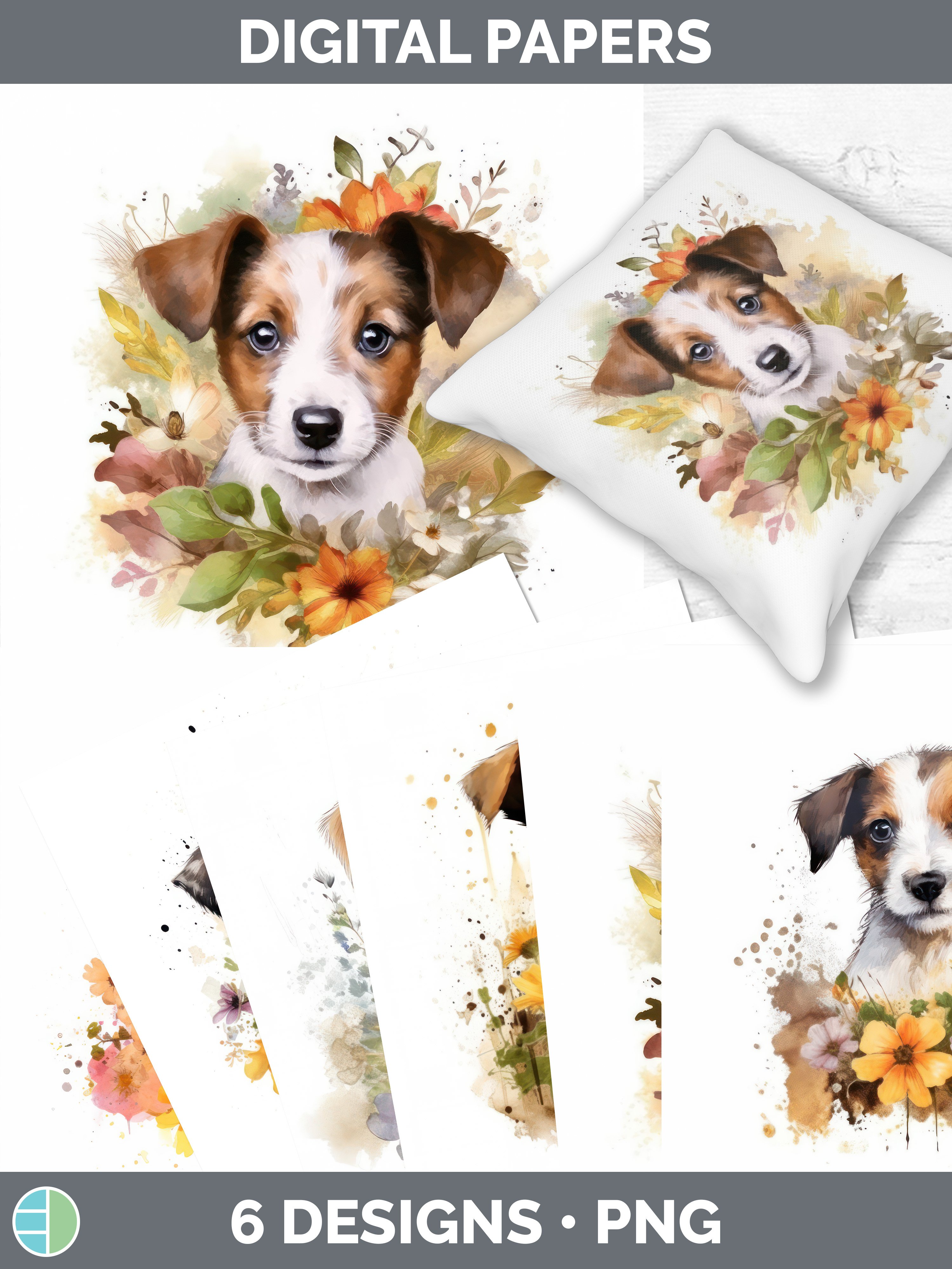 Watercolor Jack Russell Terrier Dog Paper Backgrounds | Digi