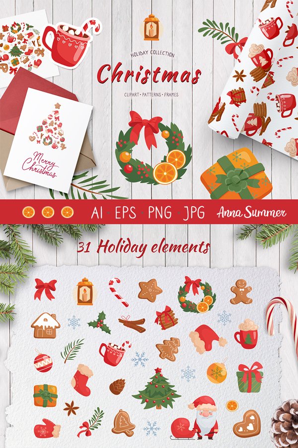 Christmas. Vector clipart, patterns & frames
