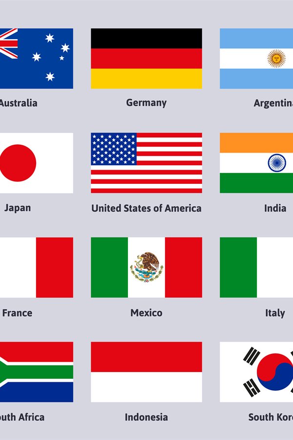 Group of Twenty flags. Major advanced and emerging world cou