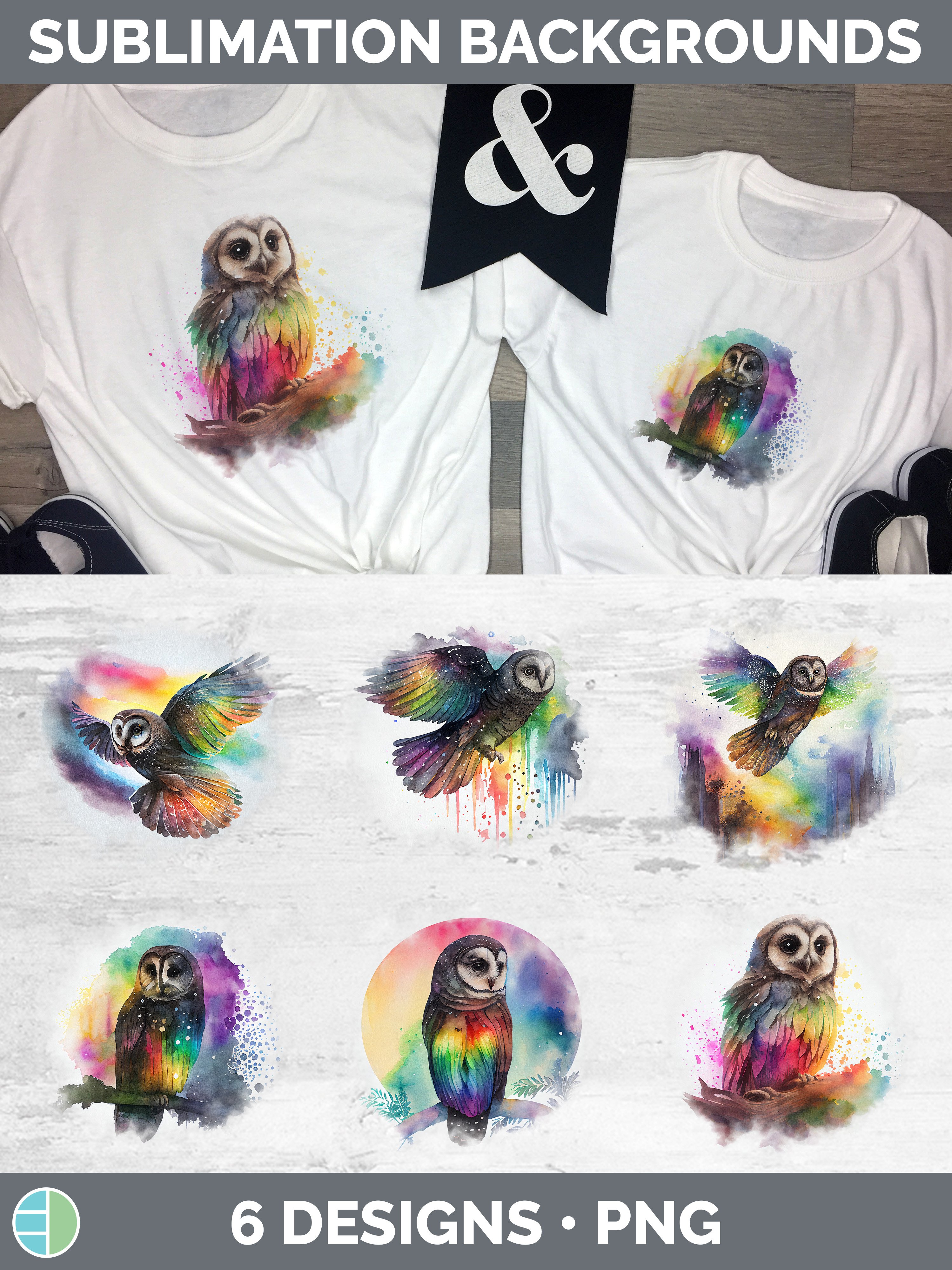 Rainbow Sooty Owl Grunge Background | Sublimation Distressed