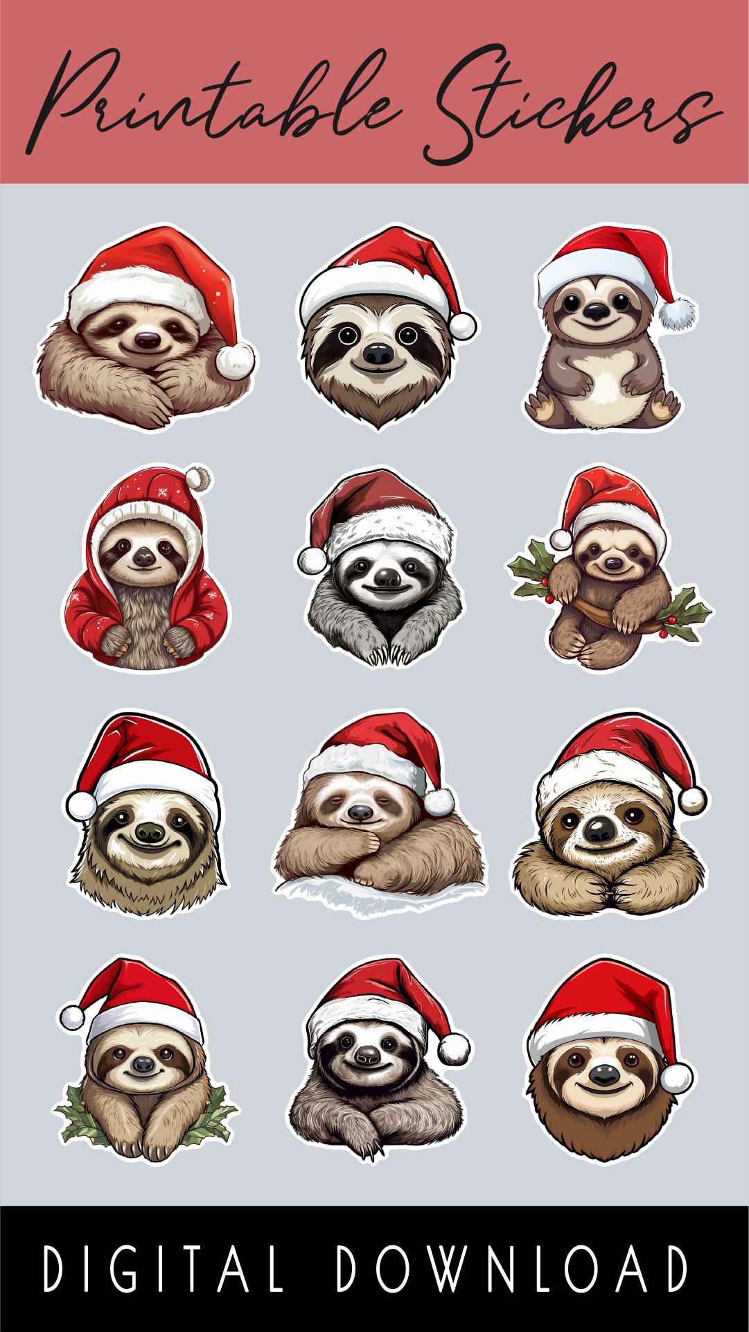 Christmas Sloth Stickers, Printable Christmas Sticker Sheet