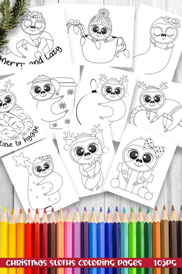 Cute christmas sloths coloring book pages for kids. JPG.