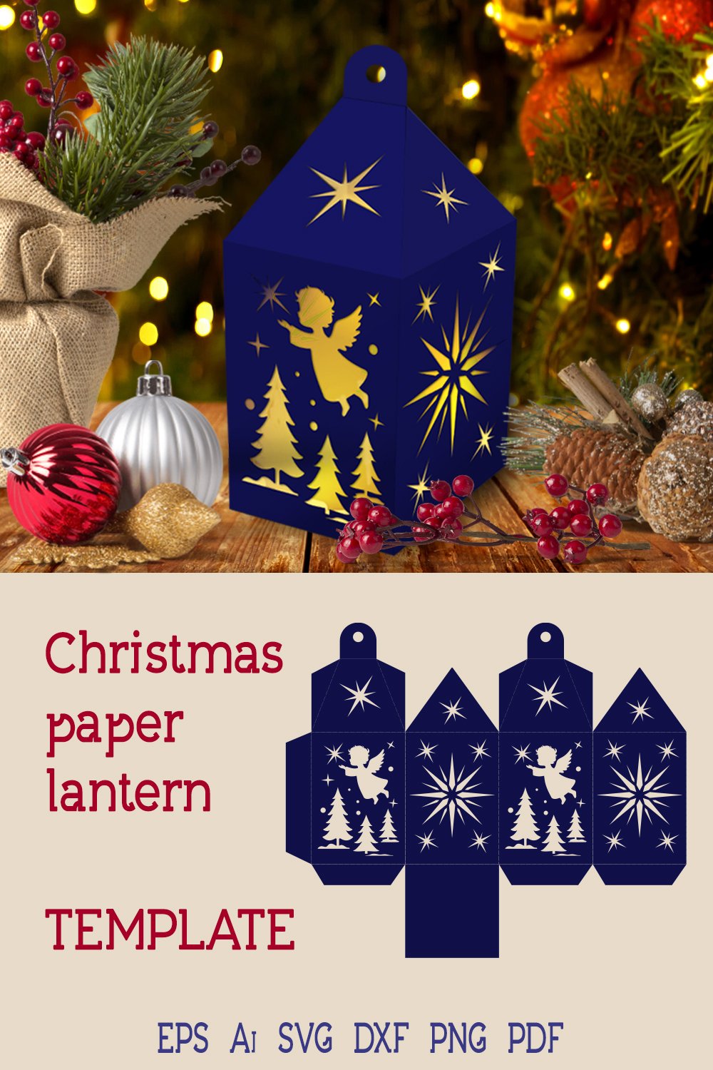 Template Christmas paper lantern with angels.