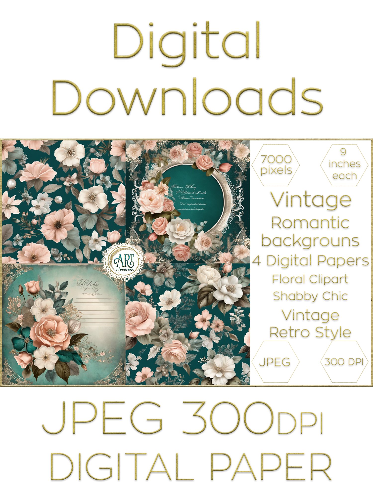 Vintage Floral Blush Pink Teal Romantic Retro Digital Papers