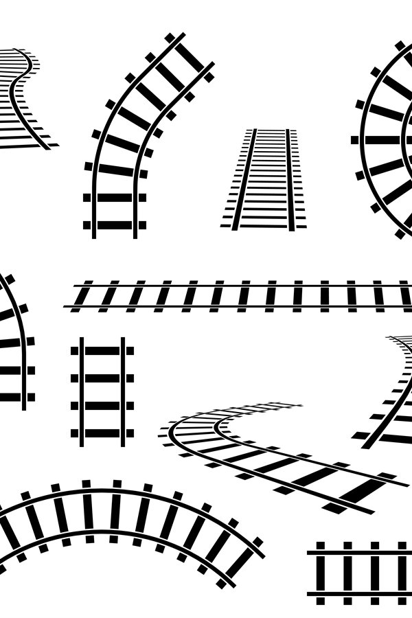 Railroad tracks. Straight, wavy and curved rails railway top