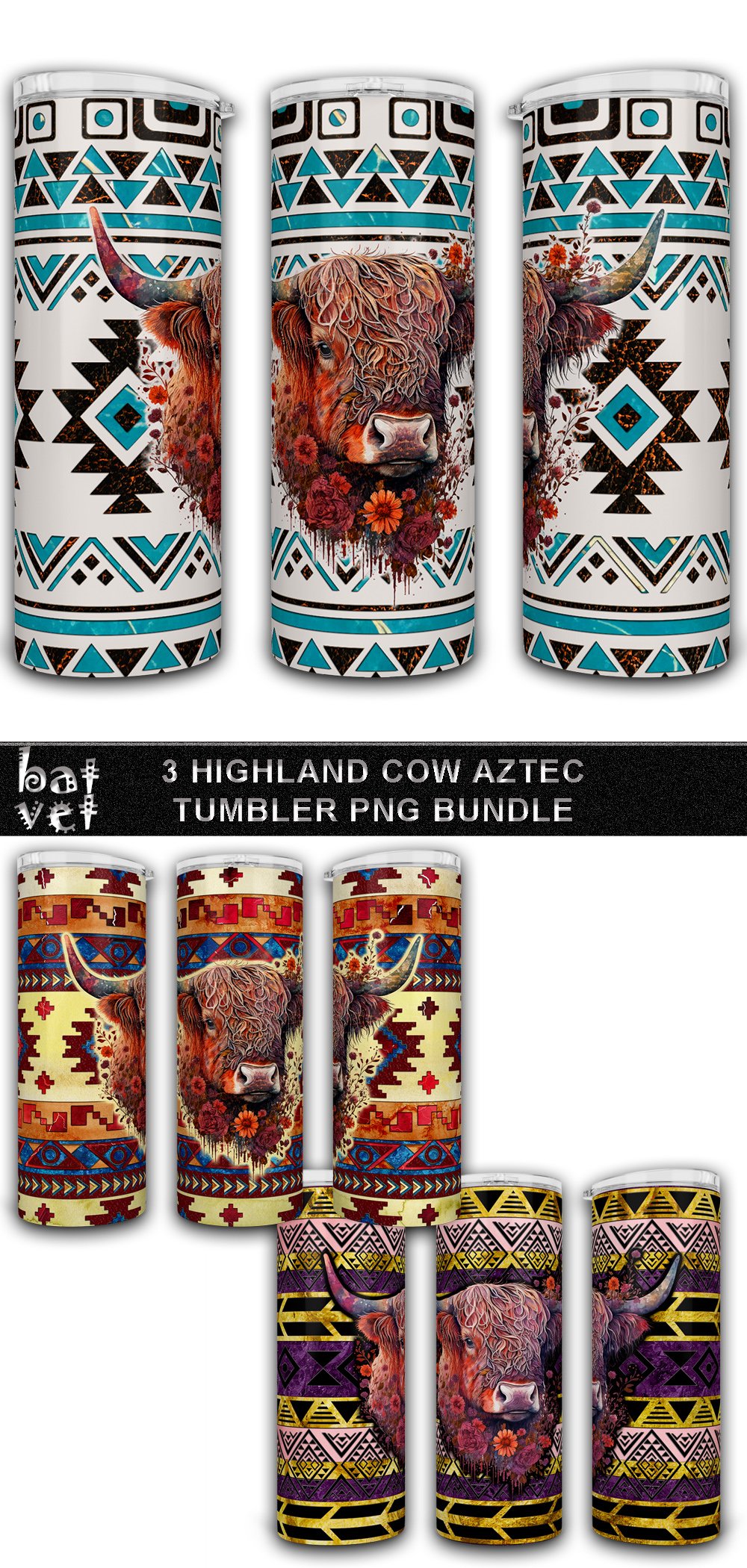 Aztec Pattern Highland Cow Tumbler Sublimation Bundle PNG