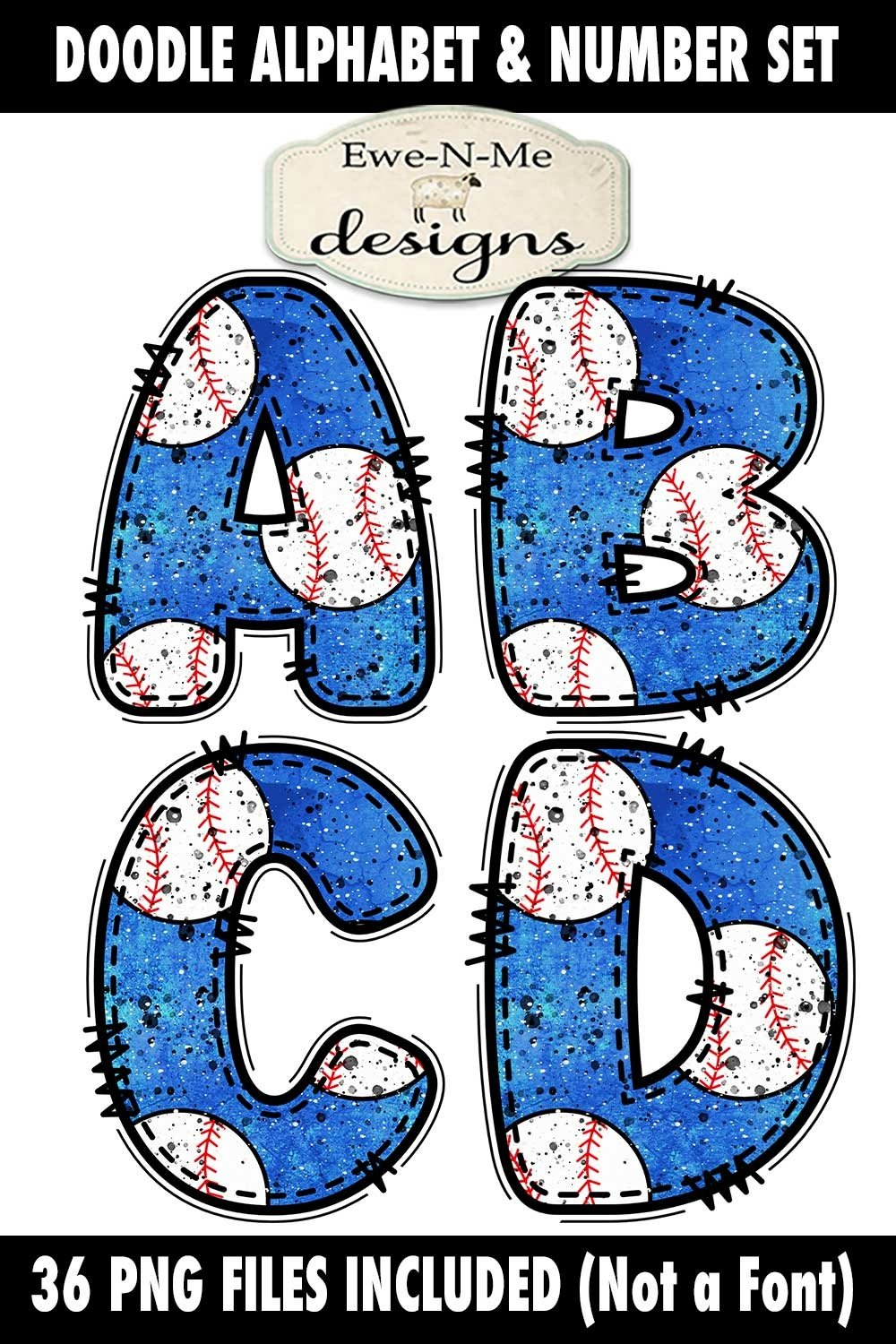 Blue Baseball Doodle Alphabet & Numbers | PNG Files