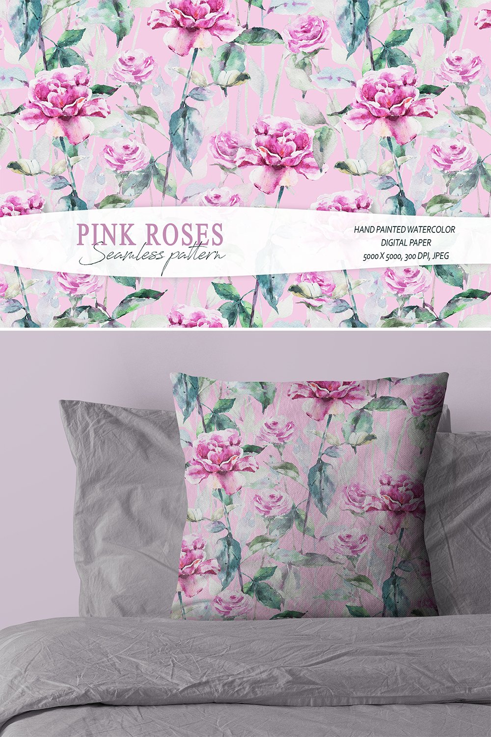 Watercolor pink roses seamless pattern. Digital paper