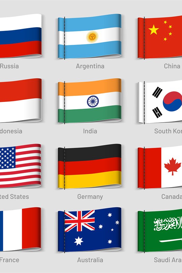 National flags fabric tags. G20 countries labels, official c
